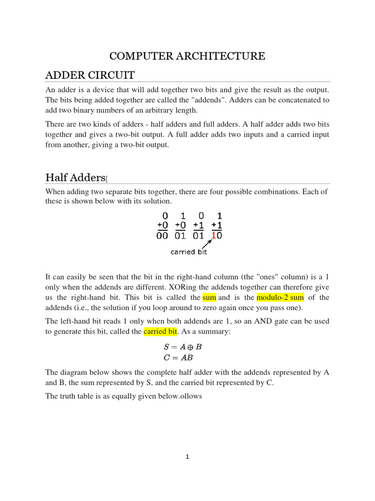 Adder Circuit Pdf Logic Gate Digital Electronics
