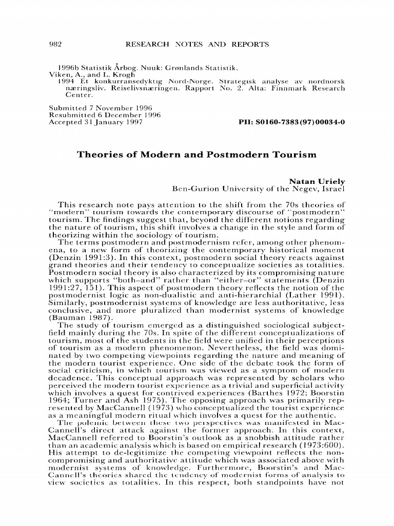 (1996) Theories of Modern and Postmodern Tourism | Download Free PDF | Postmodernism | Discourse