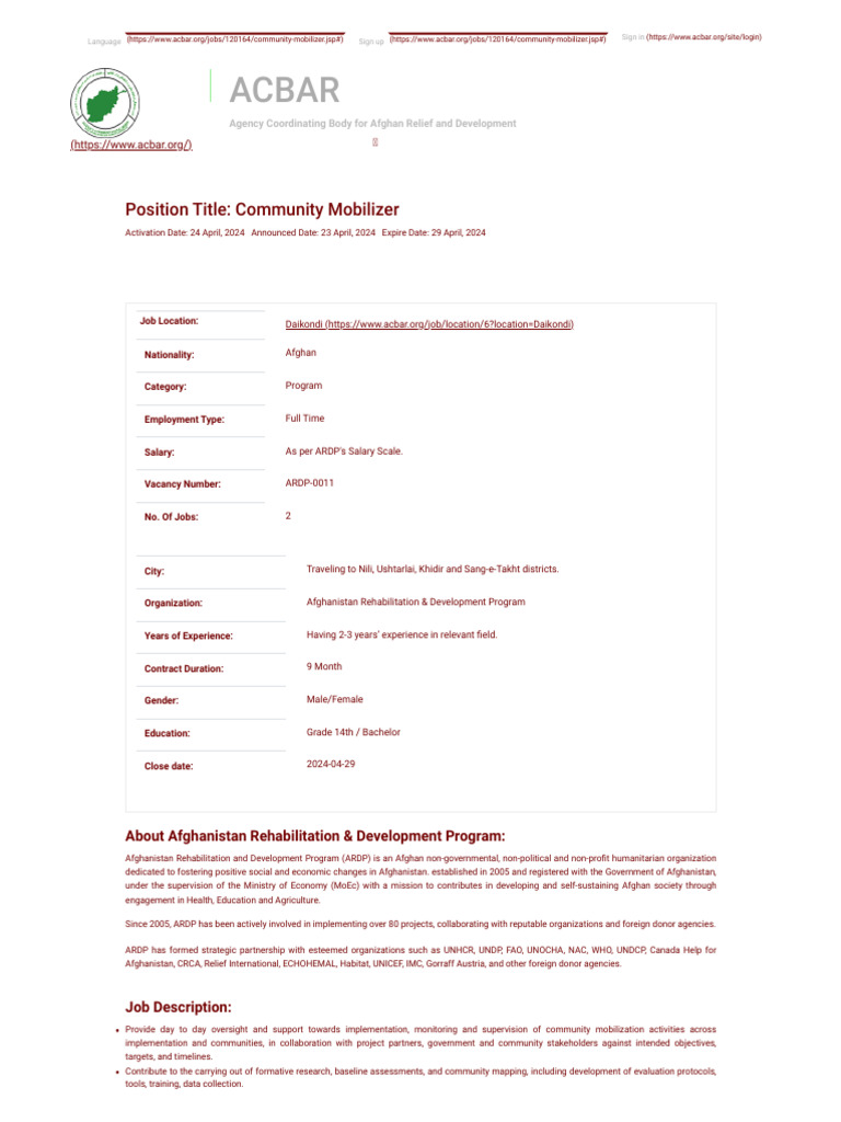 ACBAR - Community Mobilizer | PDF | Community | Communication