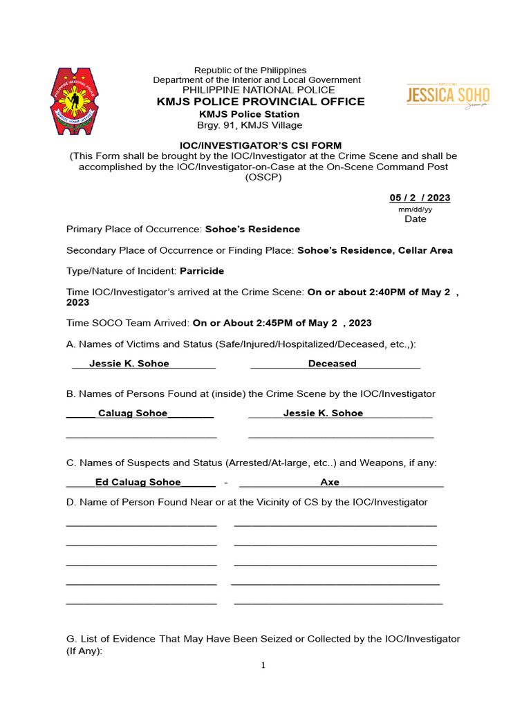 CSI Form 6 IOC Investigator S CSI Form 123 | PDF | Crime Scene | Crimes