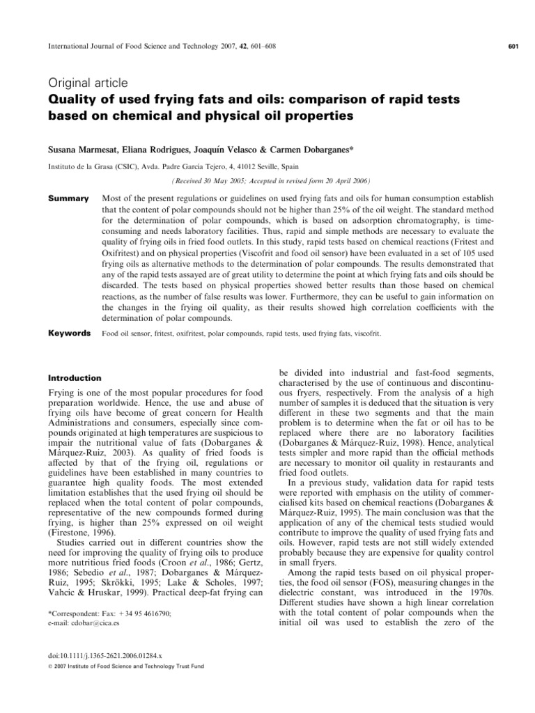 Quality of Used Frying Fats and Oils - Comparison of Rapid Tests | PDF ...