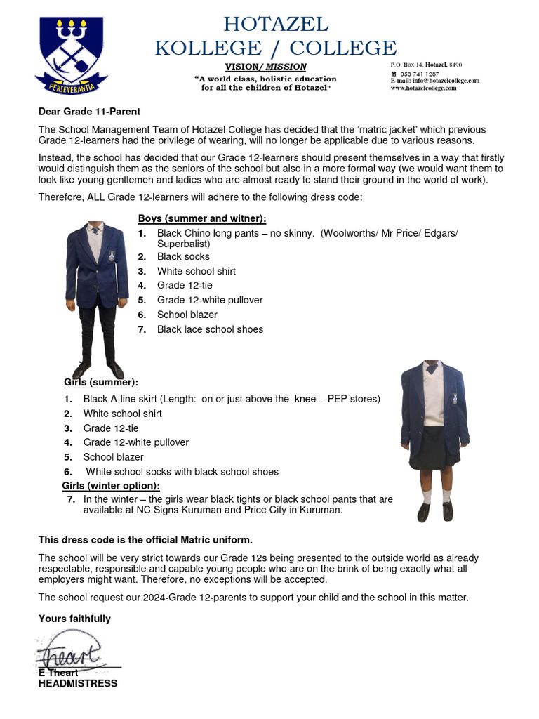 Hotazel College Grade 12 Dress Code | PDF