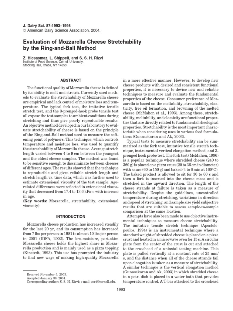 Evaluation of Mozzarella Cheese Stretchability by The Ring-and-Ball ...