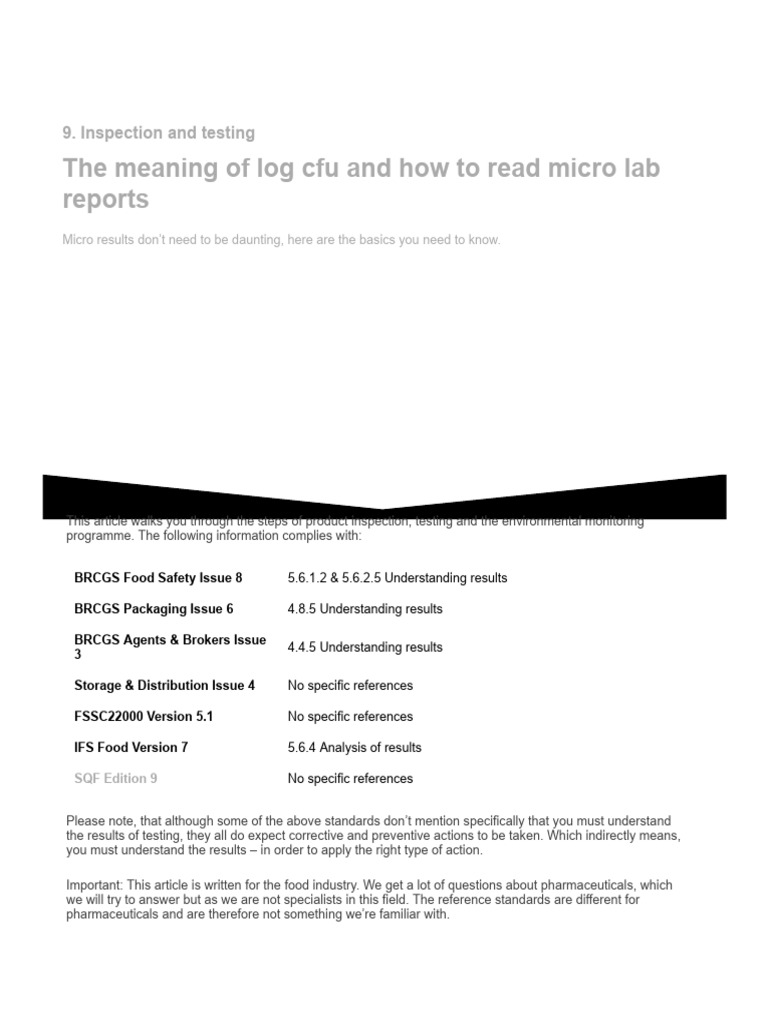 The Meaning of Log Cfu and How To Read Micro Lab Reports - Techni-K | PDF | Colony Forming Unit