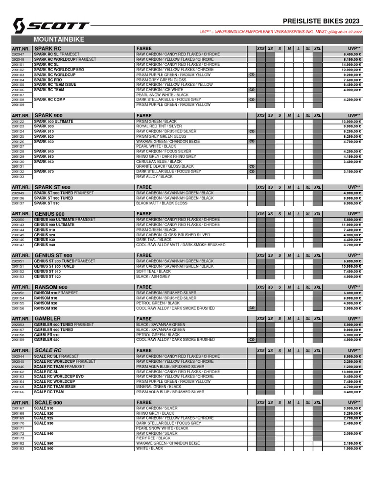 Scott Bike Price List 2023 | PDF | Materials | Color