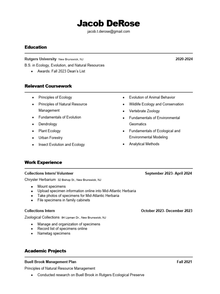Jacob Derose CV | Download Free PDF | Ecology | Biology