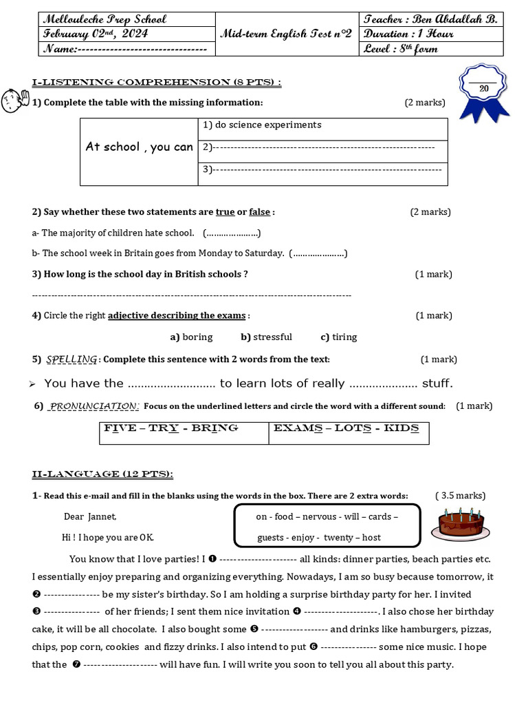 MOCK TEST 2. Mid-Term Test N°2 (8th Form 2024) | PDF