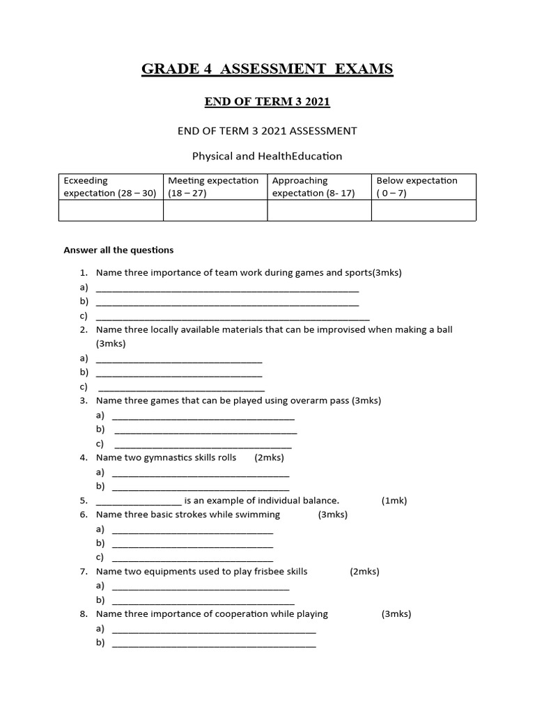 770 Grade 4 Physical and Health Education Phe End of Term 3 Exam 2021 Word Format Dgikqv | PDF