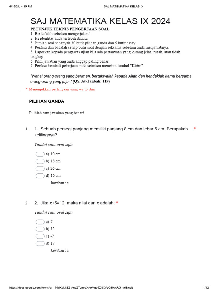 SOAL DAN JAWABAN SAJ MATEMATIKA KELAS IX 2024 - Google Formulir | PDF