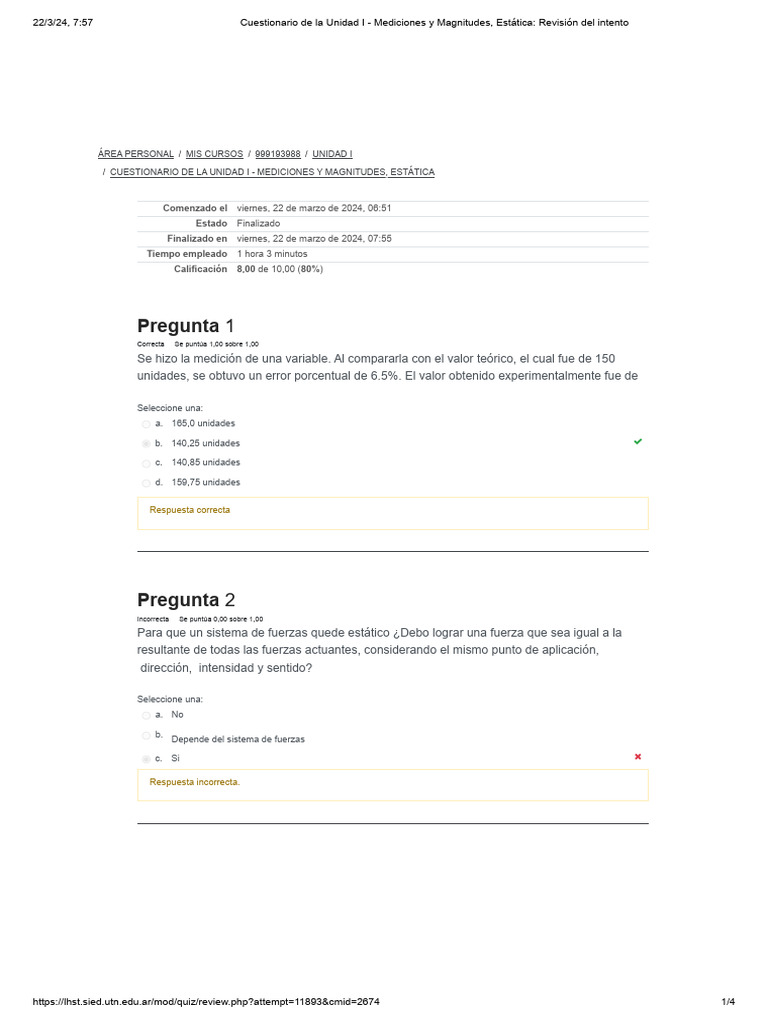 Cuestionario de La Unidad I - Mediciones y Magnitudes, Estática | PDF | Medición | Fuerza