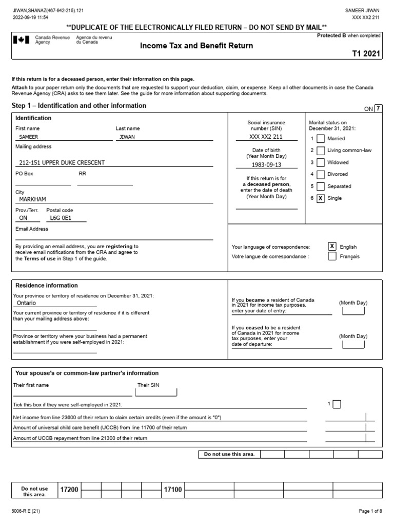 Sameer - t1 General 2021 | Download Free PDF | Tax Refund | Tax Deduction