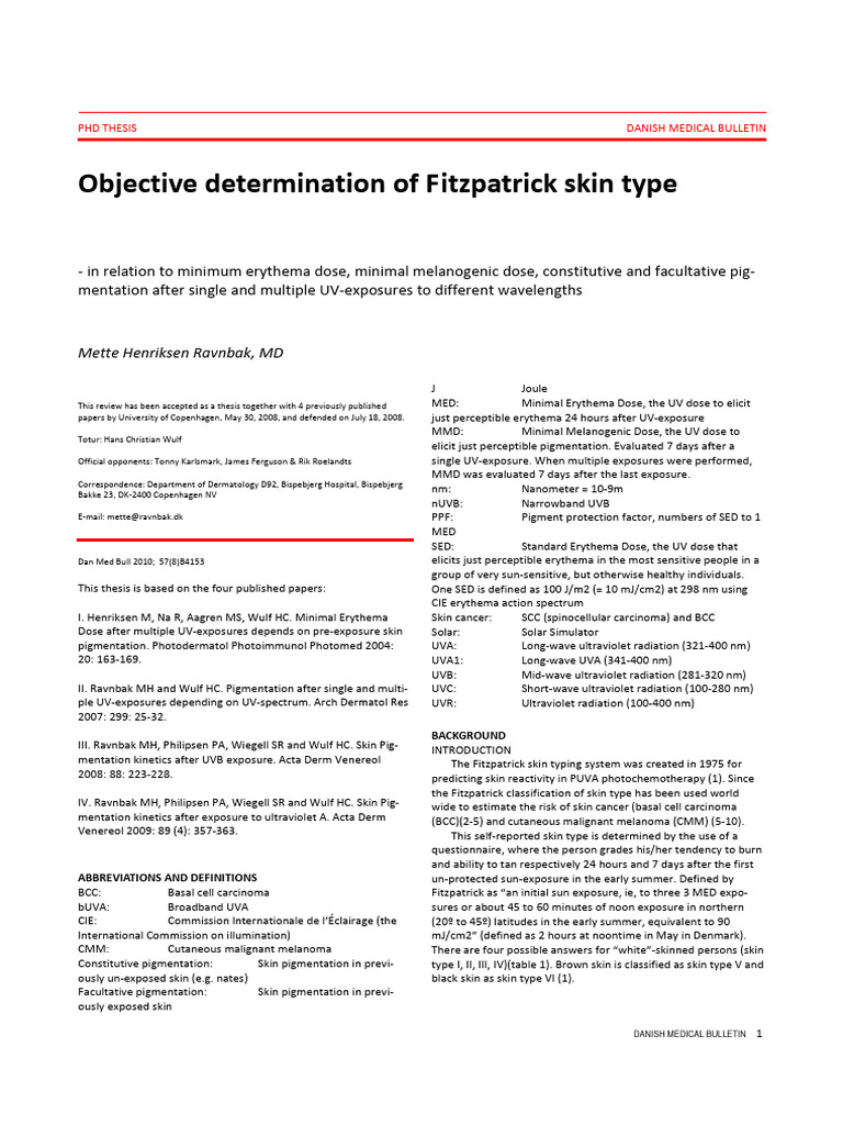 Objective Determination of Fitzpatrick Skin Type | PDF | Ultraviolet | Skin