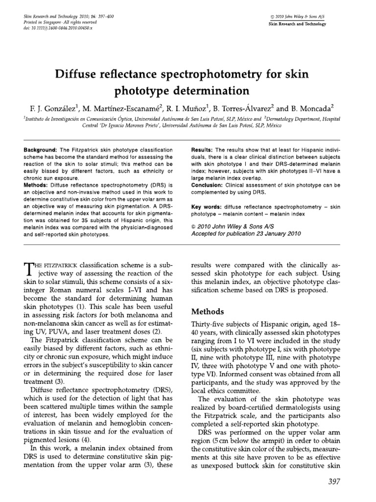 Diffuse Refletance Spectrophotometry For Skin Phototype Determination | PDF