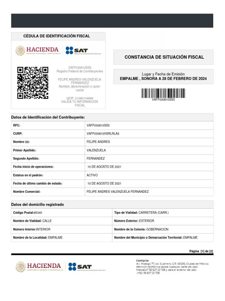 Cédula de Identificación Fiscal de Felipe Valenzuela | PDF