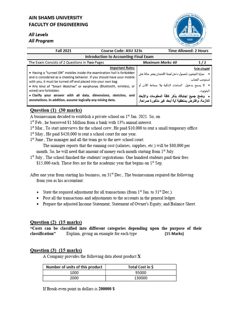 Fall 2021 Accounting Final Exam ASU | PDF | Money | Private Sector