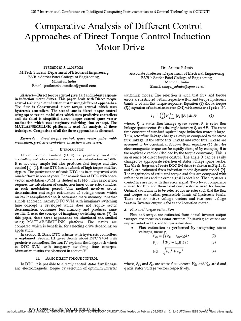 Comparative Analysis of Different Control Approaches of Direct Torque Control Induction Motor ...