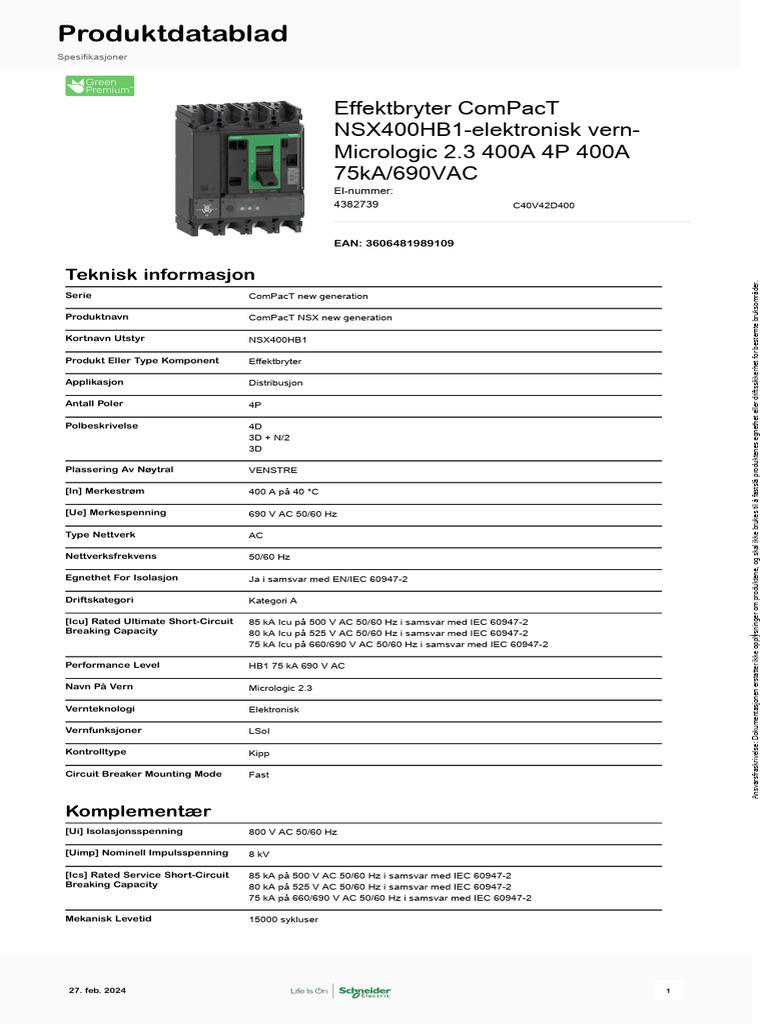 Schneider Electric ComPacT NSX Ny Generasjon Effektbryter C40V42D400 | PDF