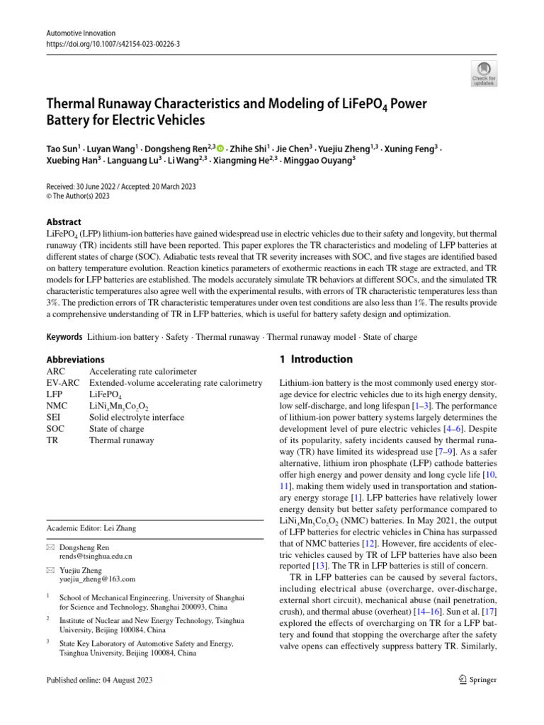 Thermal Runaway Characteristics and Modeling of LiFePO4 | PDF | Lithium Ion Battery | Electricity