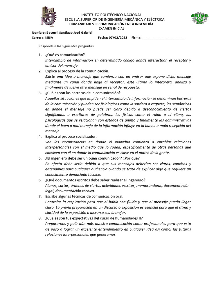 1SV1 - Becerril Santiago Jose Gabriel - Examen Inicial | PDF | Comunicación