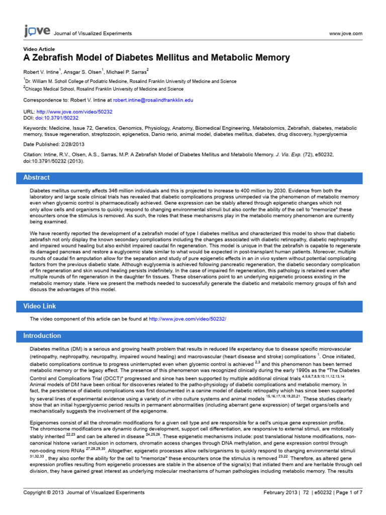Zebrafish Model of Diabetes Mellitus and Metabolic Memory | PDF ...