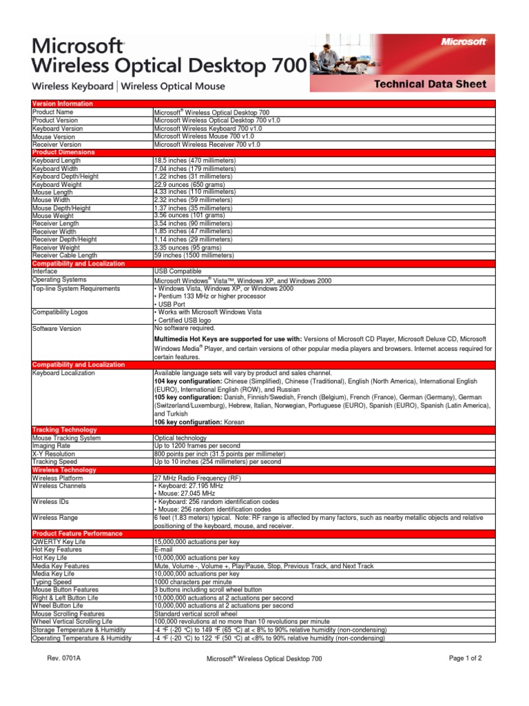 TDS WirelessOpticalDesktop700 0701A | PDF | Computer Keyboard ...
