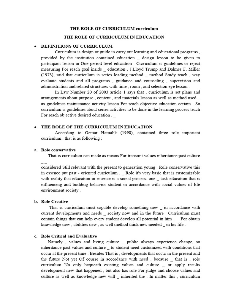 THE ROLE OF CURRICULUM Teks English | PDF | Curriculum | Knowledge