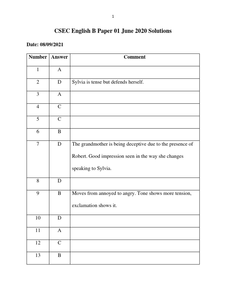 CSEC English B Paper 1 June 2020 Answers | PDF