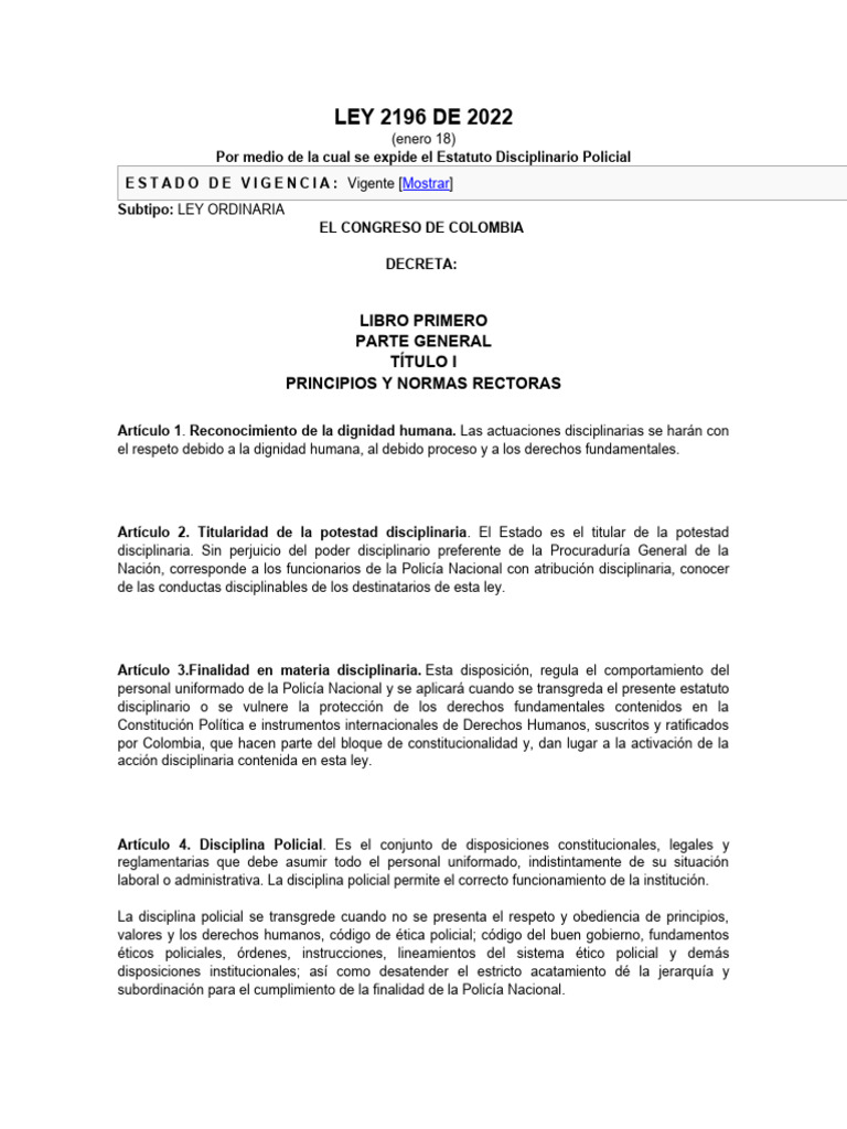 Ley 2196 de 2022. Estatuto Discipliario Policial | PDF | Disciplinas ...