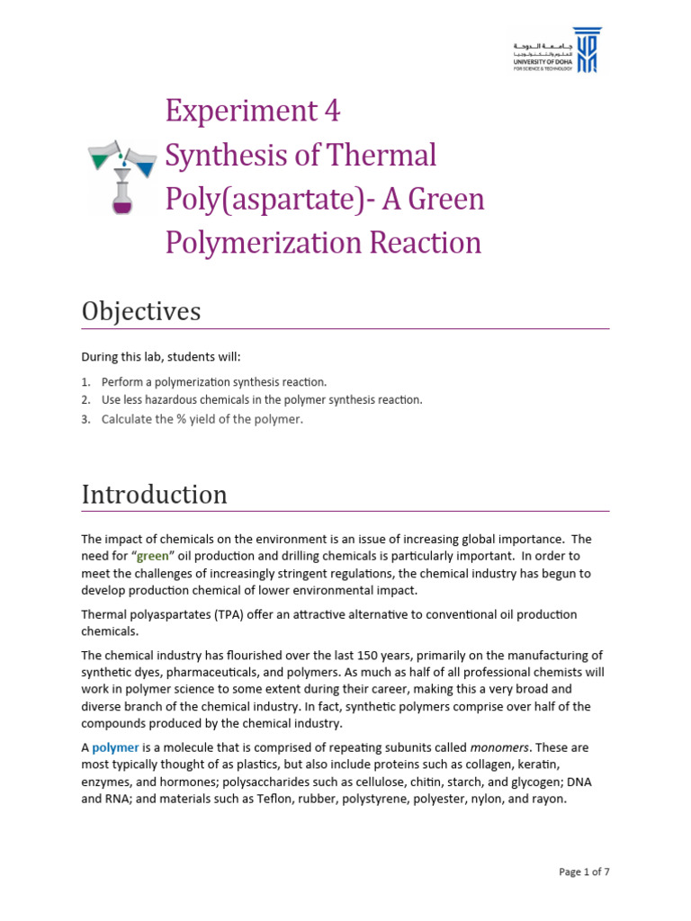 CHEM3011-Expt 4-Polymerization of TPA Instructions | PDF | Polymers ...