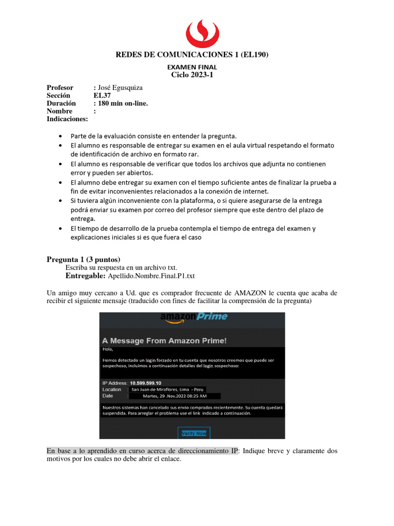 Examen Final-REDES DE COMUNICACIONES 1 | PDF | Dirección IP | Enrutador (Computación)