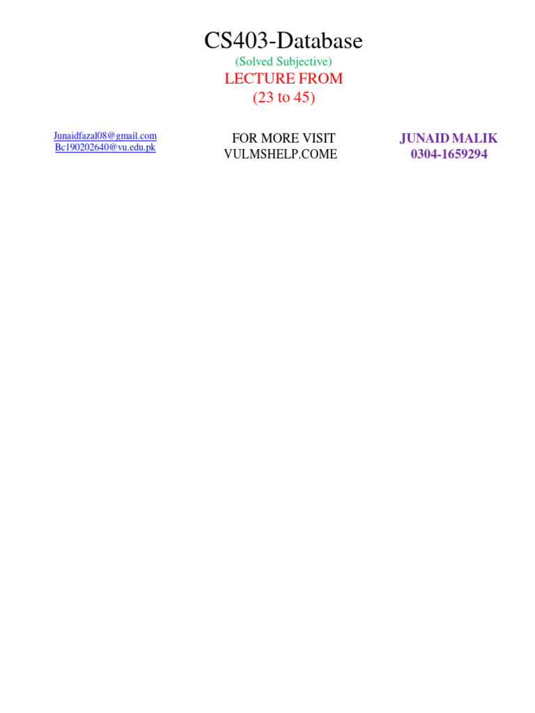 CS403 Solved Subjective Final Term by Junaid | PDF | Database Index | Databases