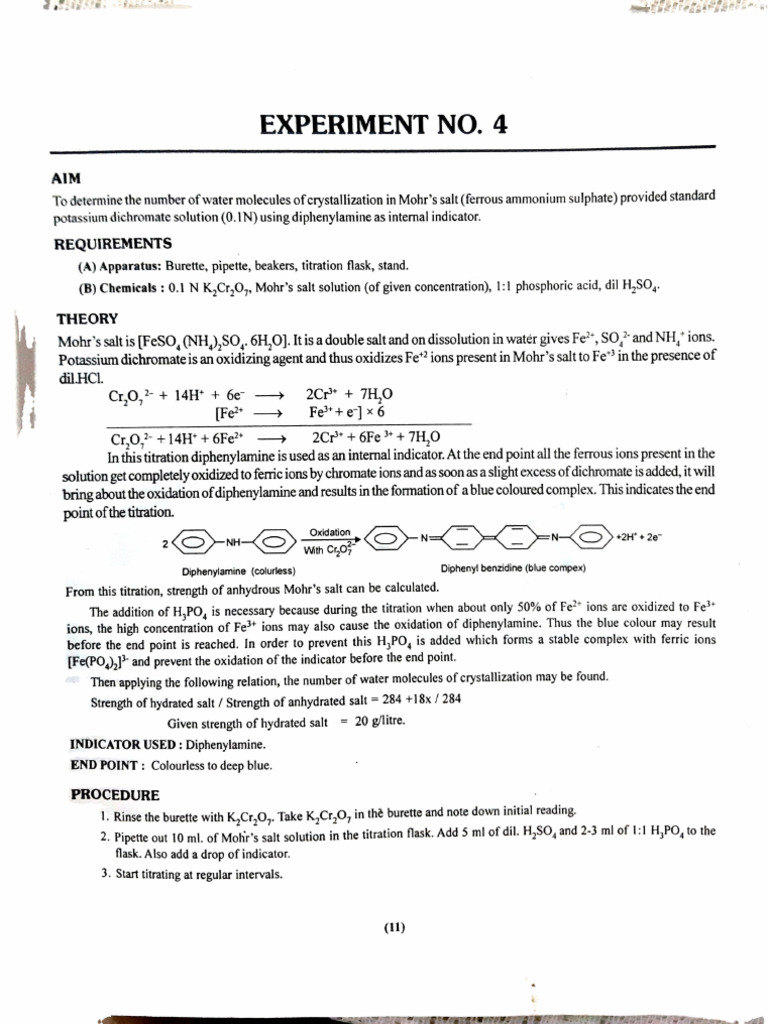 Water of Crystallization in Mohr's Salt With Internal Indicator Exp | PDF | Titration | Chemistry