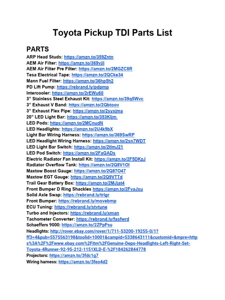 1991 Toyota Pickup TDI Build List | PDF | Automotive Industry | Vehicle ...