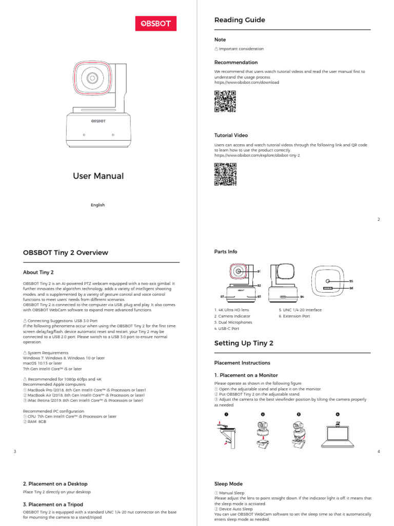 OBSBOT Tiny 2 User Manual - EN | PDF | Usb | Camera