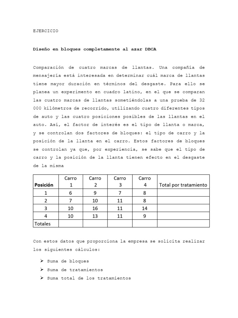 EJERCICIO Diseño en Bloques Completamente Al Azar DBCA | PDF
