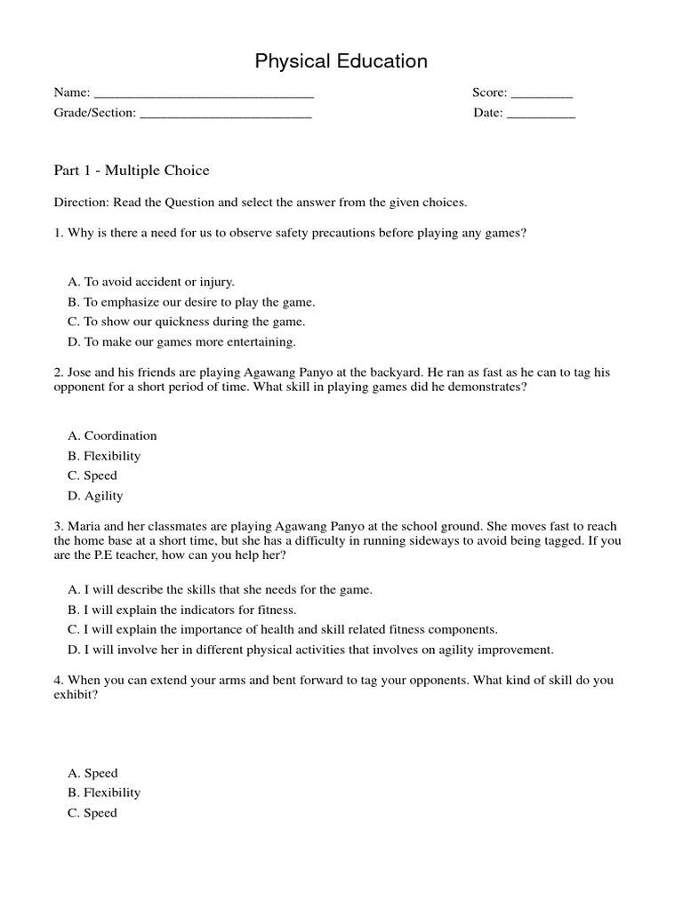 Physical Education: Part 1 - Multiple Choice | PDF