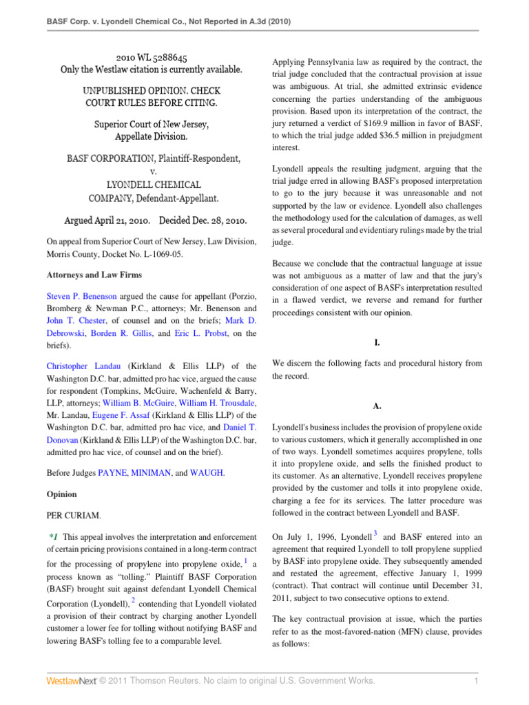 BASF Corp V Lyondell Chemical Co | PDF | Damages | Standard Of Review