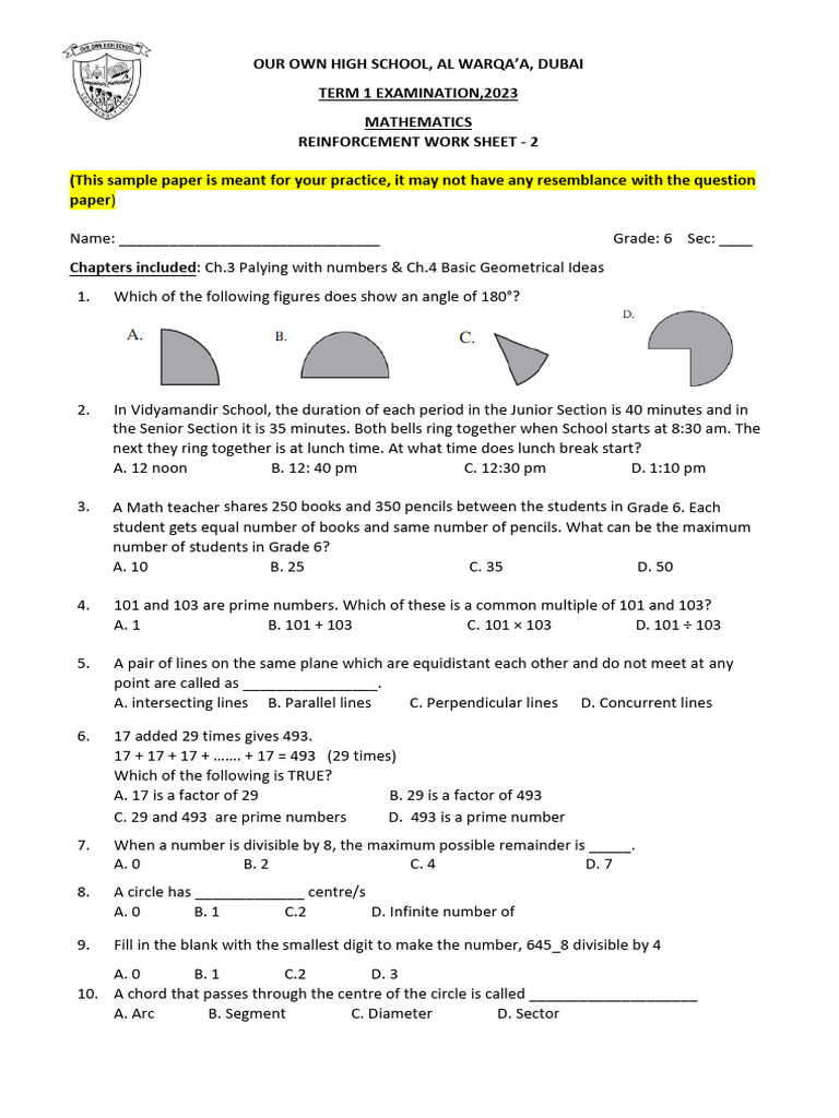 Gr. 6 MATH Term1 Reinforcement WS 2 | PDF | Circle | Numbers