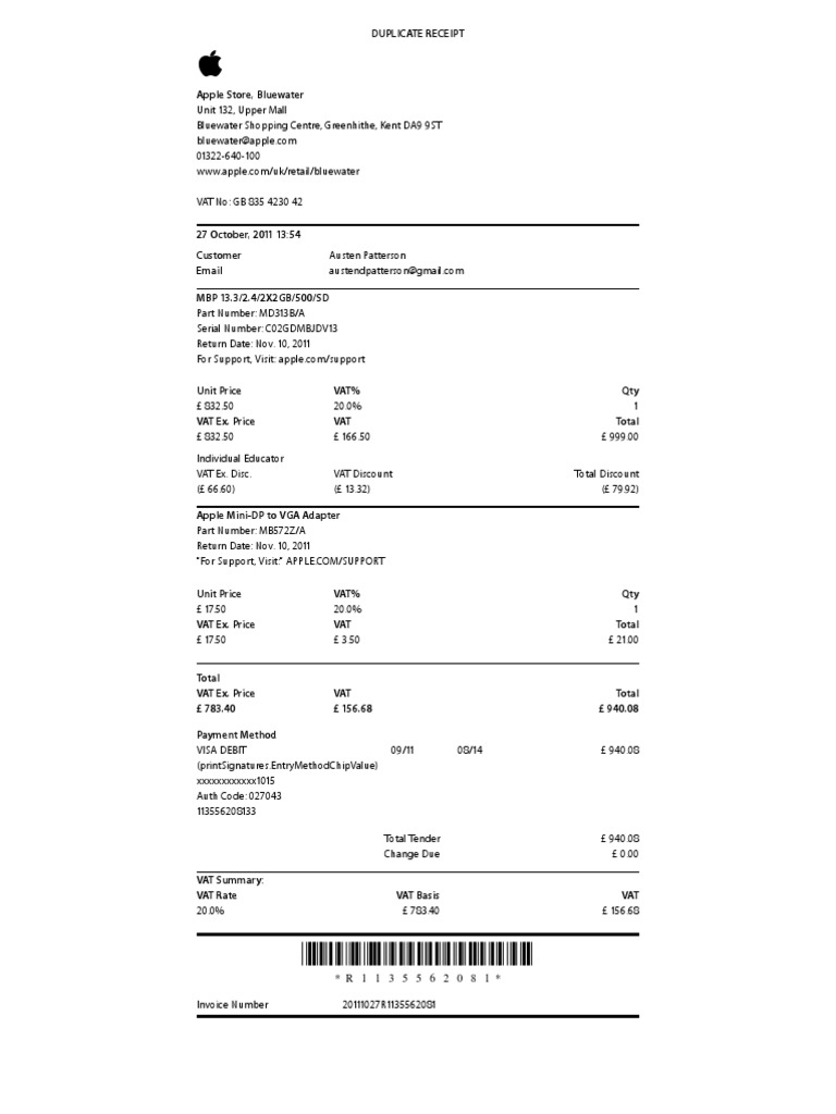Apple Store Receipt - Bluewater 2011 | PDF
