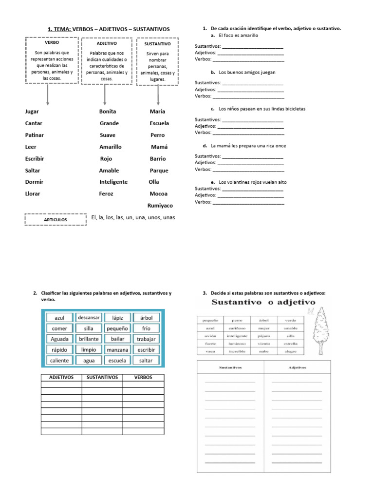 1 TEMA Verbos Adjetivos Sustantivos | PDF | Adjetivo | Sustantivo