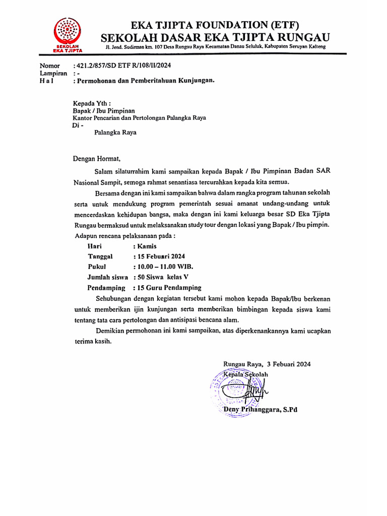Permohonan Dan Pemberitahuan Kunjungan SD EKA TJIPTA RUNGAU | PDF