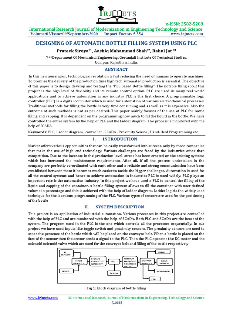 Designing of Automatic Bottle Filling System Using PLC: Prateek Siroya, Aashiq Mahammad Shah ...