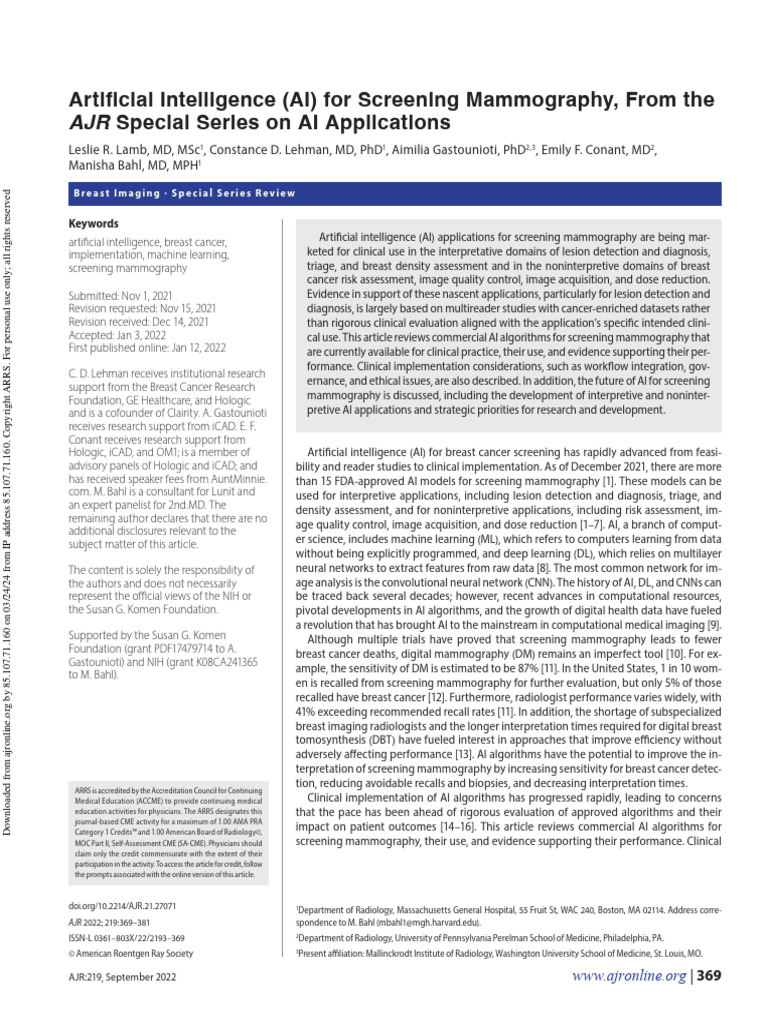 1-5 Artificial Intelligence (AI) For Screening Mammography | PDF ... 1-5 Artificial Intelligence (AI) For Screening Mammography | PDF ...