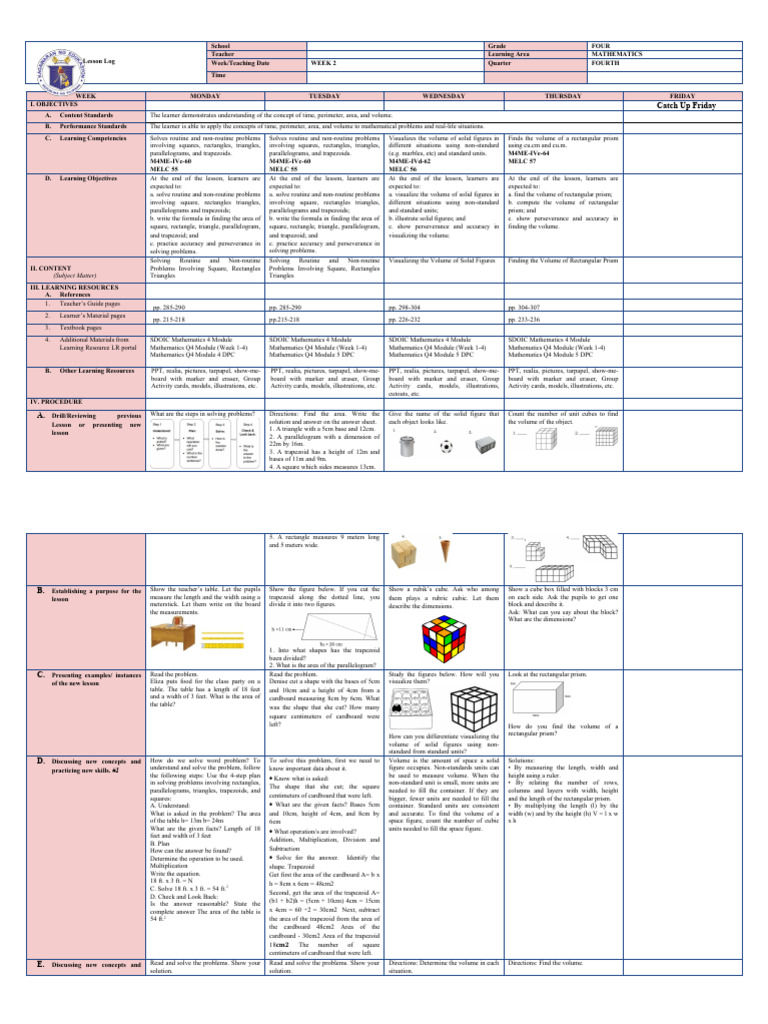 Math 4 q4 Week 2 DLL | PDF | Area | Rectangle
