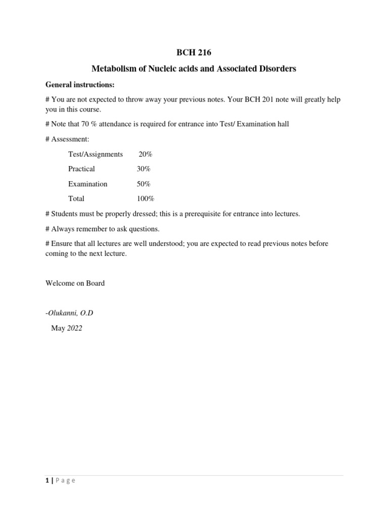 BCH 216 Olukanni OD Lecture Note 2022 | PDF | Gout | Dna Replication