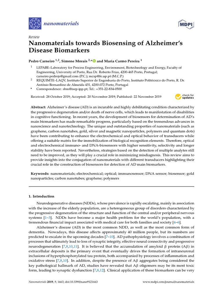 Nanomaterials Towards Biosensing Alzheimer | PDF | Biosensor | Carbon Nanotube