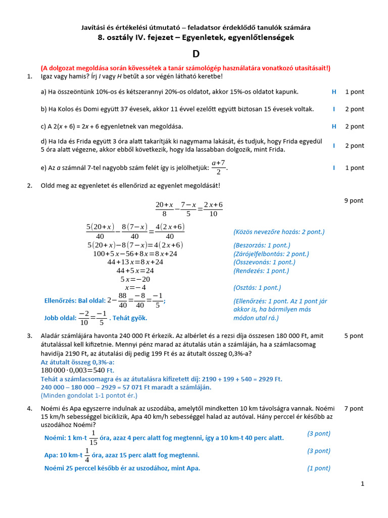 Matematika8 4 Egyenletek DM | PDF