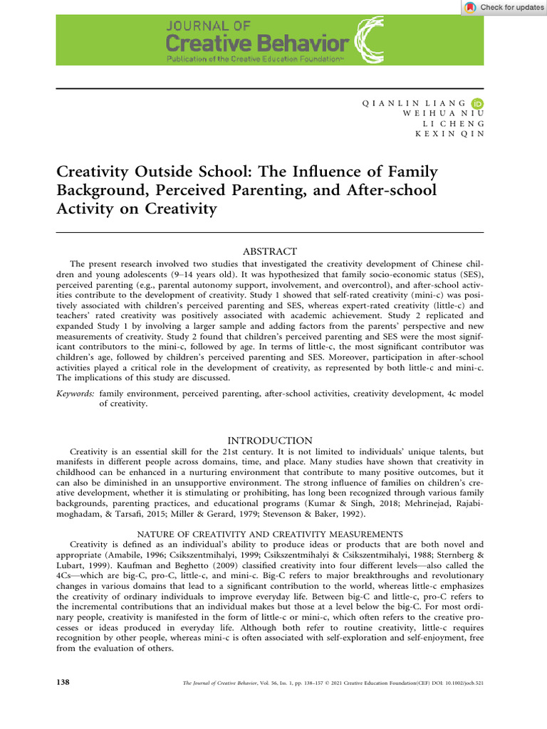 Journal of Creative Behavior - 2021 - Liang - Creativity Outside School ...