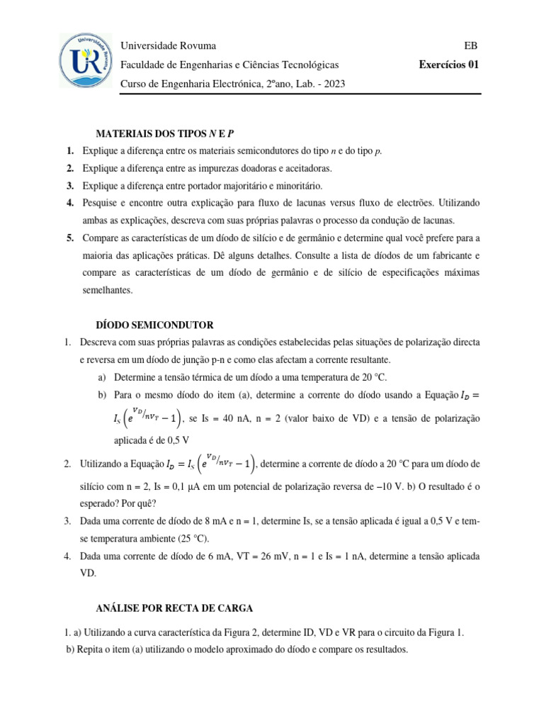 Ficha de Exercicios 01 | PDF | Diodo | Física Aplicada e Interdisciplinar