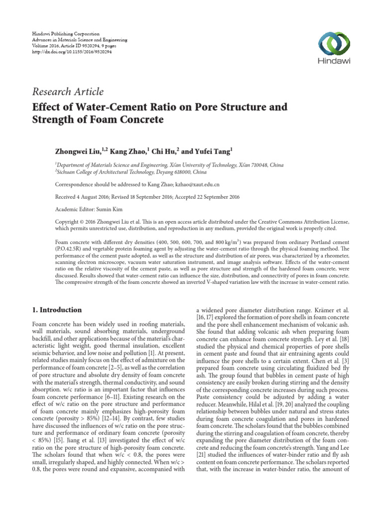 Effect of Water-Cement Ratio On Pore Structure and Strength of Foam ...